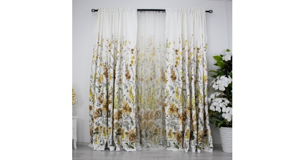 Set 2 Draperii Satinate Imprimate, flori maro, 140cm latime x 260cm ...