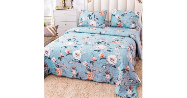 Cuvertura pat dublu, matlasata, din Catifea, 3 piese, 230x250cm, Bleu, flori - Cumparamisim.ro