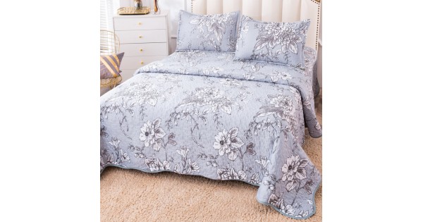 Cuvertura pat dublu, matlasata, din Catifea, 3 piese, 230x250cm, Gri, flori - Cumparamisim.ro