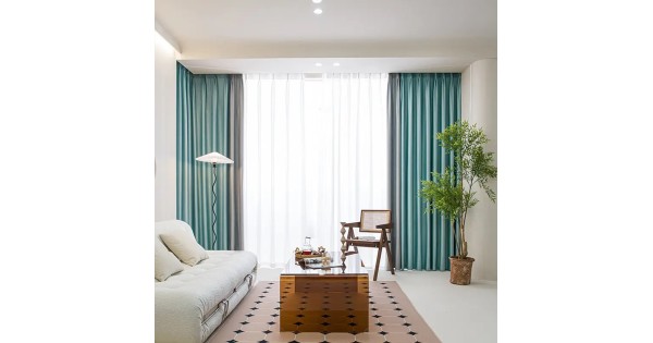 Set 2 Draperii Blackout 80%, din Catifea, Bicolor, Verde Aqua - Gri ...