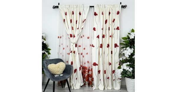 Set 2 draperii satinate imprimate, Alb cu Maci rosii, 2m latime x 232cm ...