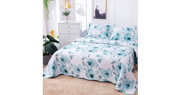 Cuvertura pat dublu din Bumbac Satinat Superior, 3 PIESE, Turquoise, flori - Cumparamisim.ro